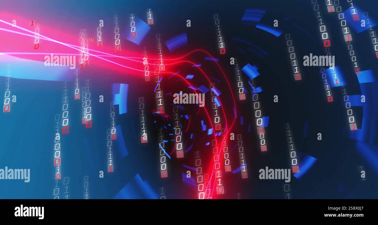Binary code and red lines image over blue and black background Stock ...