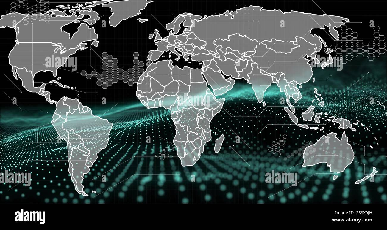 World map with digital data points and wave image Stock Photo - Alamy