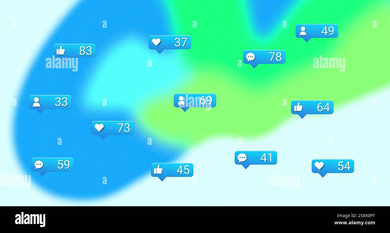 Social media interaction icons image over abstract blue and green ...