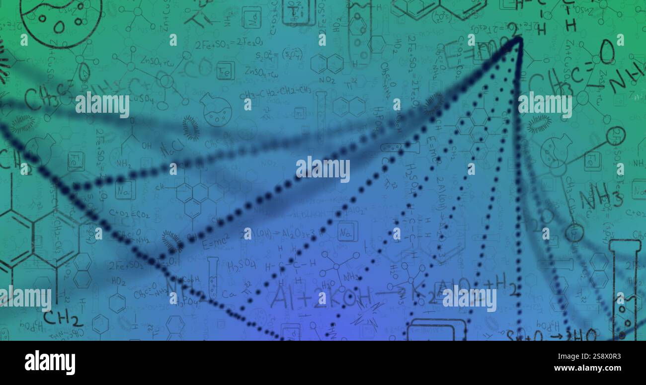 Image of dna strand and shapes over chemical equations Stock Photo - Alamy