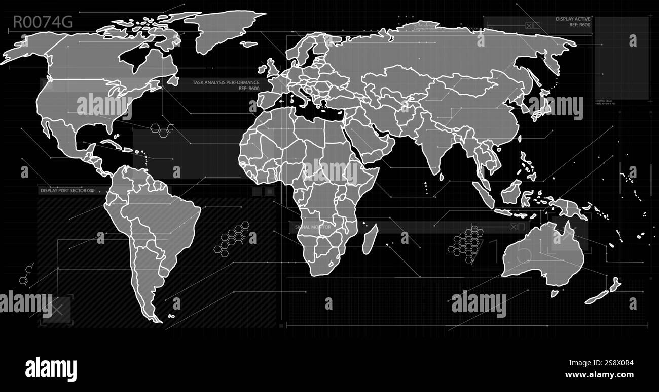 World map with hexagonal data clusters and network connections image ...