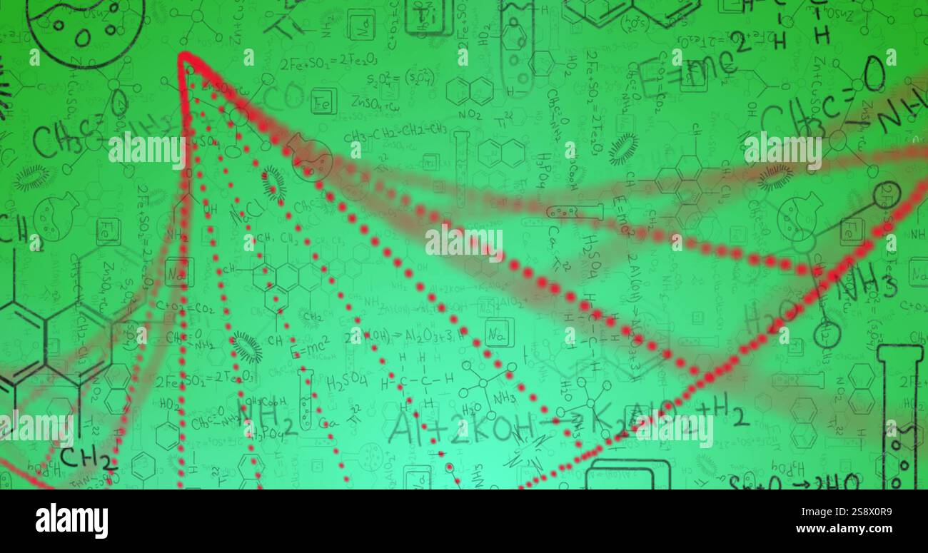 Image of dna strand and shapes over chemical equations Stock Photo - Alamy