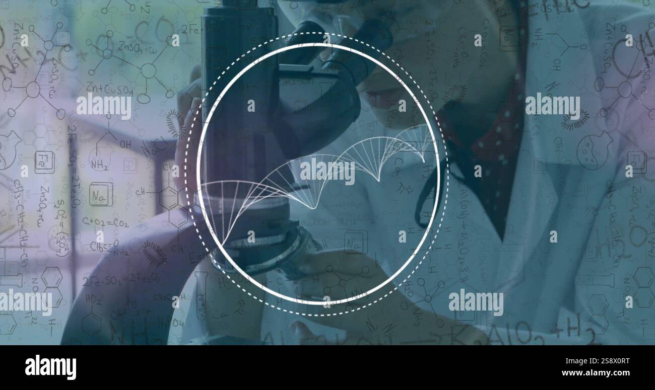 Image of dna strand over chemical equations and caucasian male ...