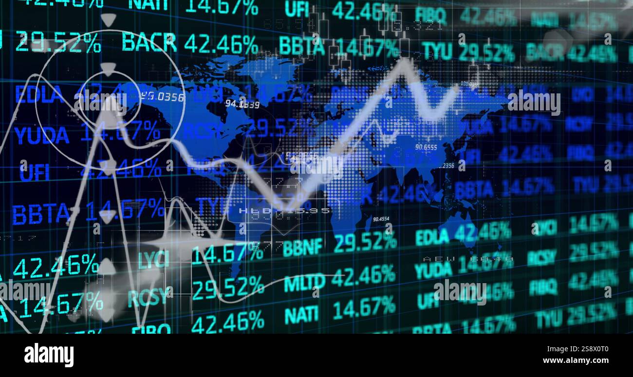 Stock market data and world map image over financial trading background ...