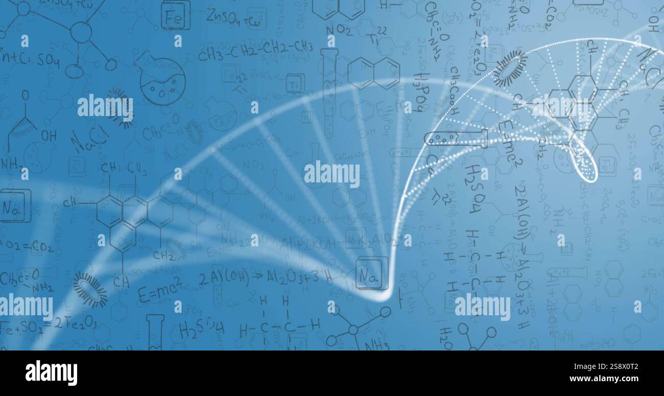 Image of dna strand and shapes over chemical equations Stock Photo - Alamy