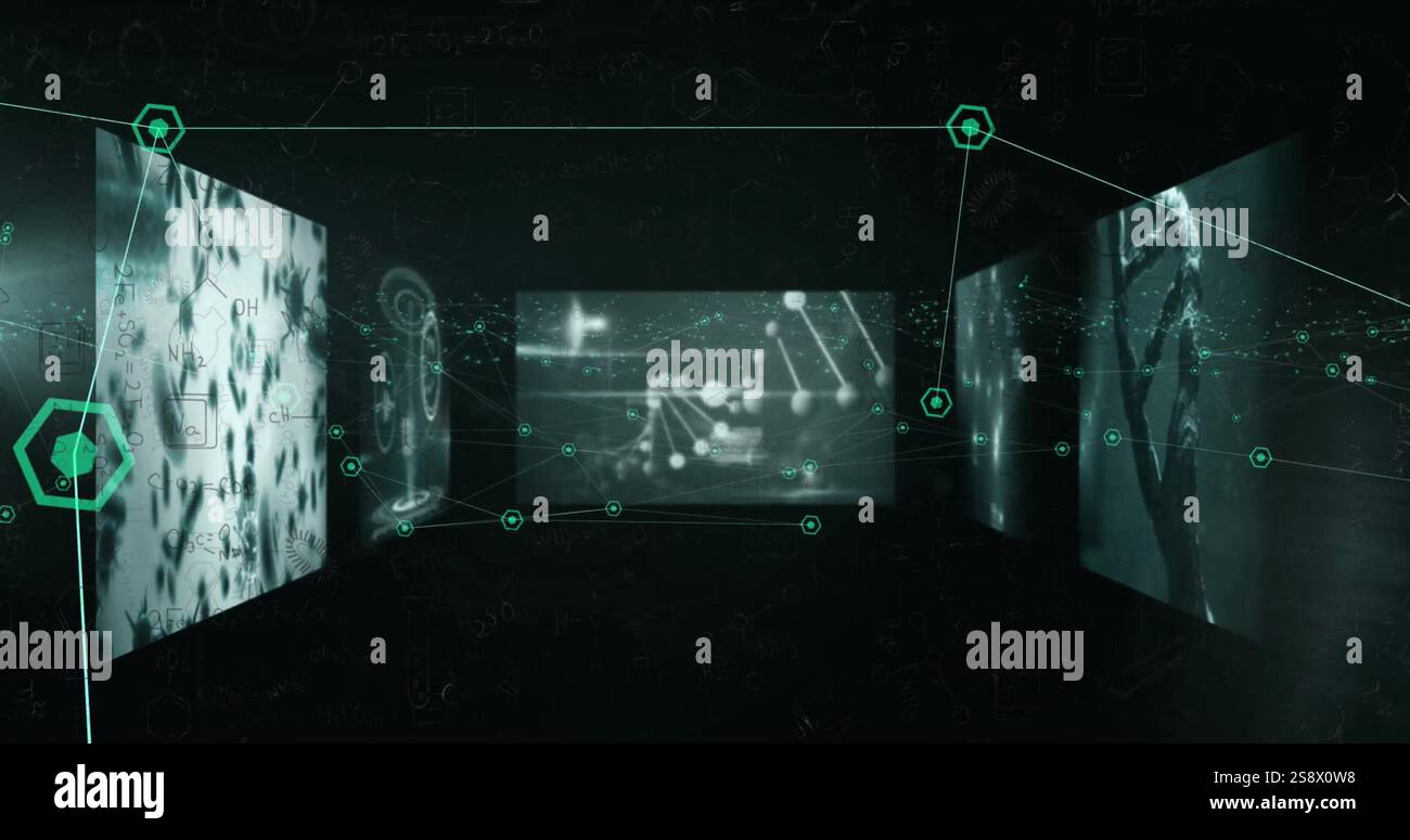 Image of digital screens with science data over network of connections ...