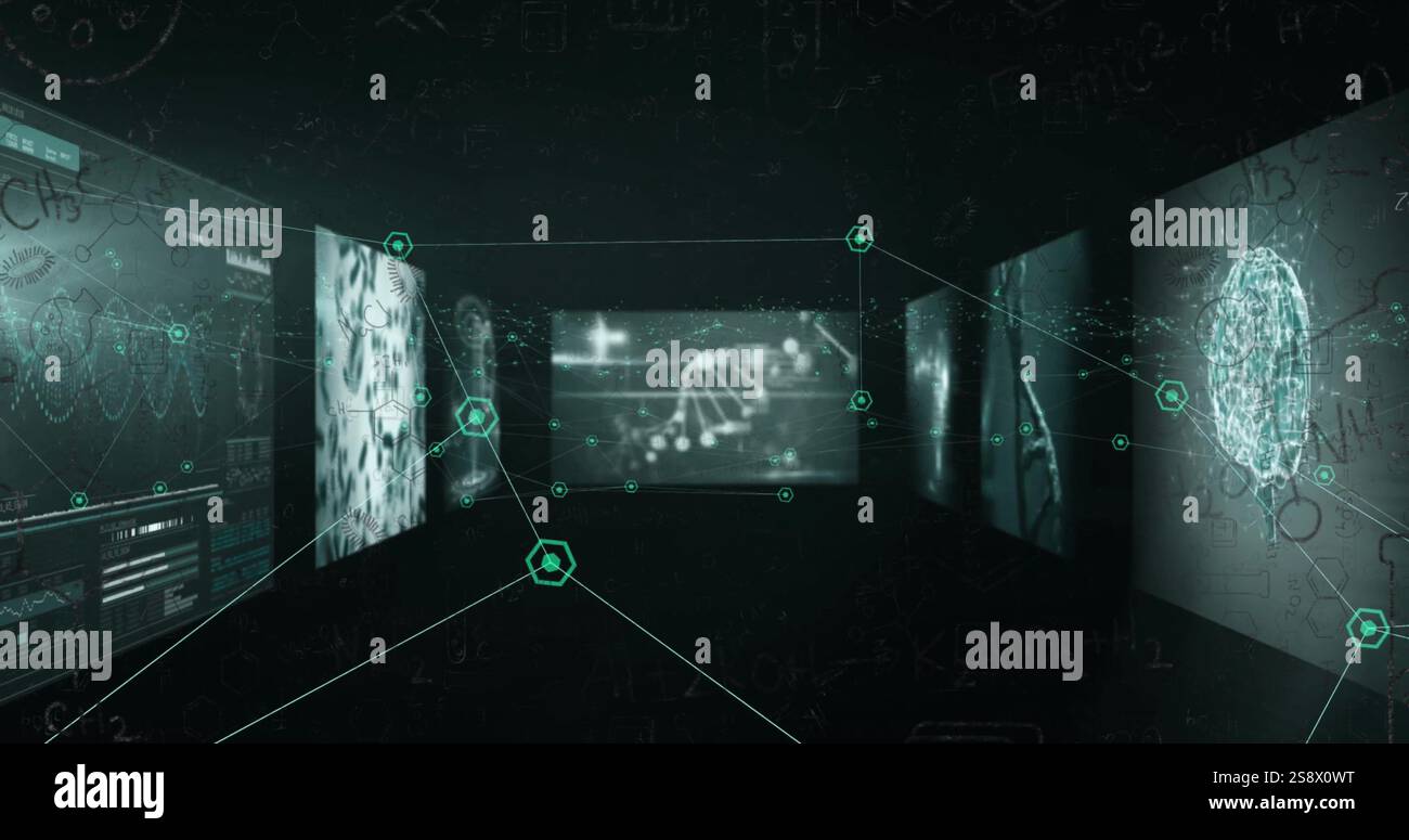 Image of digital screens with science data over network of connections ...