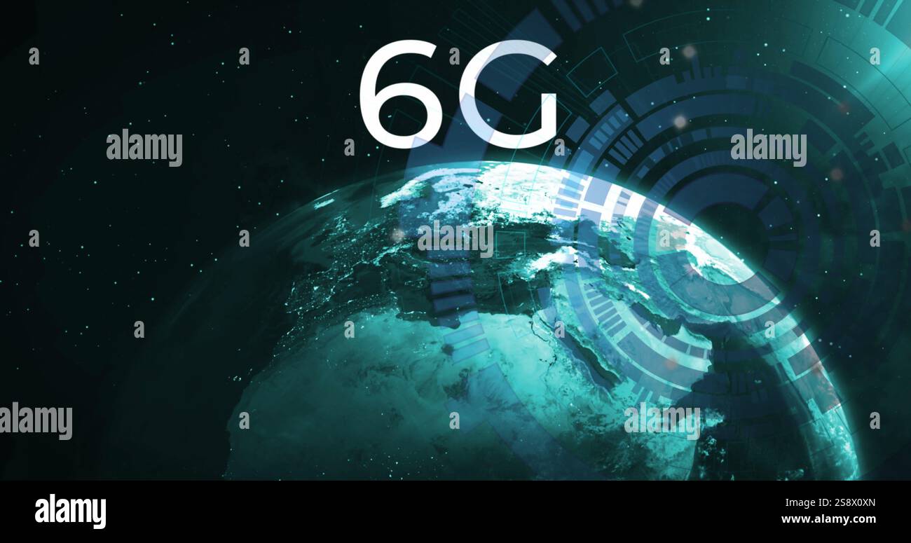 Image of 6g text, globe and digital data processing over scope scanning ...