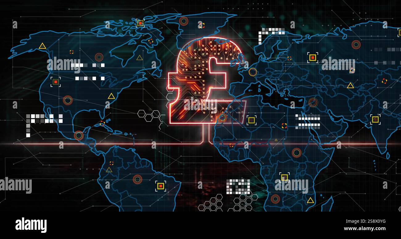 Image of pound sign, world map and digital data processing over circuit board Stock Photo - Alamy