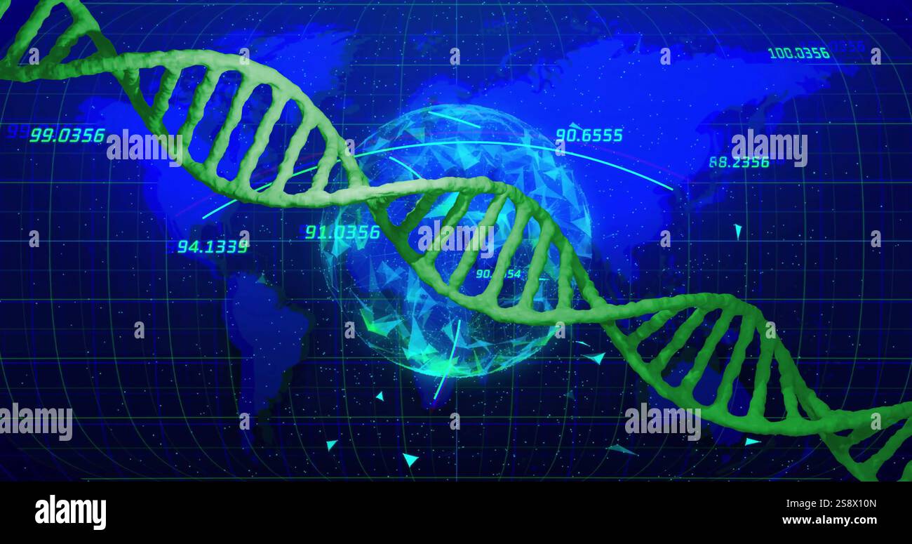 Image of dna strand, globe and data processing Stock Photo - Alamy