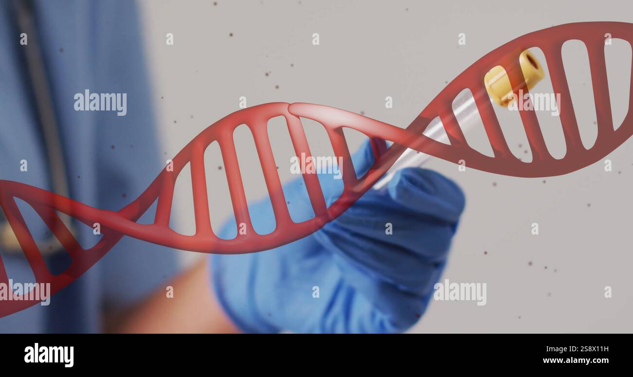 Image of dna strand and biracial doctor with vial on white background ...