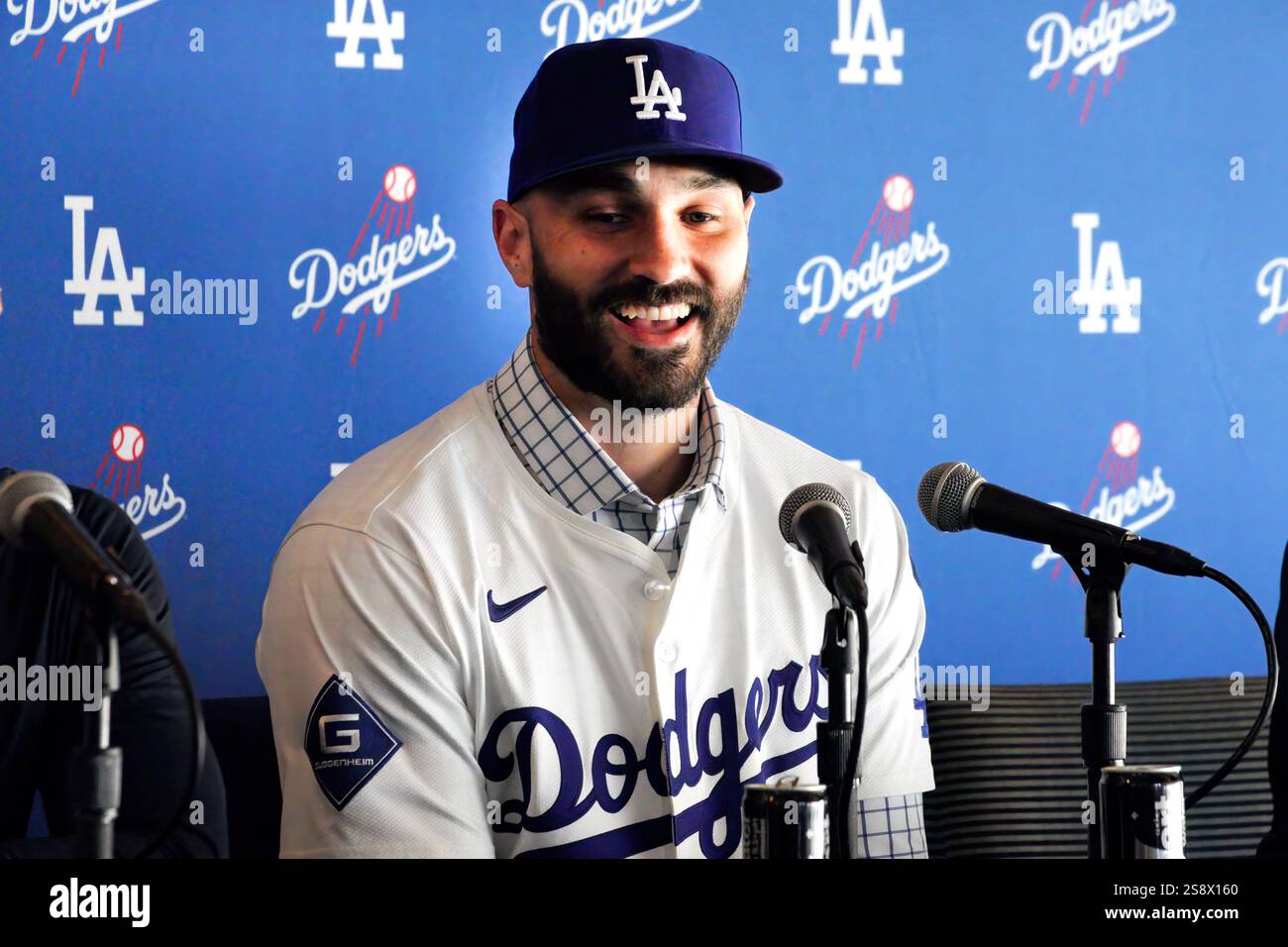 New Los Angeles Dodger reliever Tanner Scott answers questions during ...