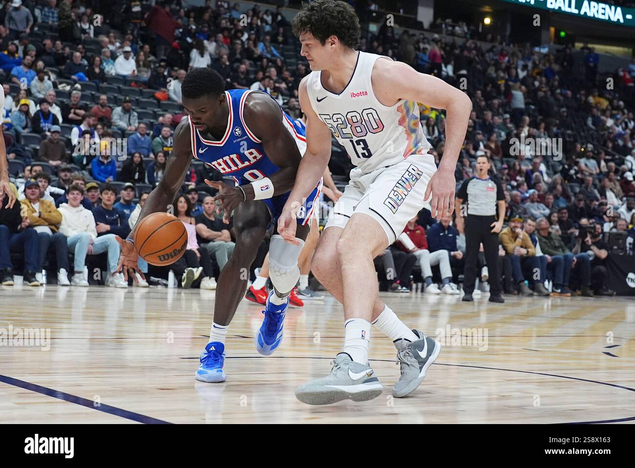 Philadelphia 76ers center Adem Bona (30) and Denver Nuggets center PJ ...