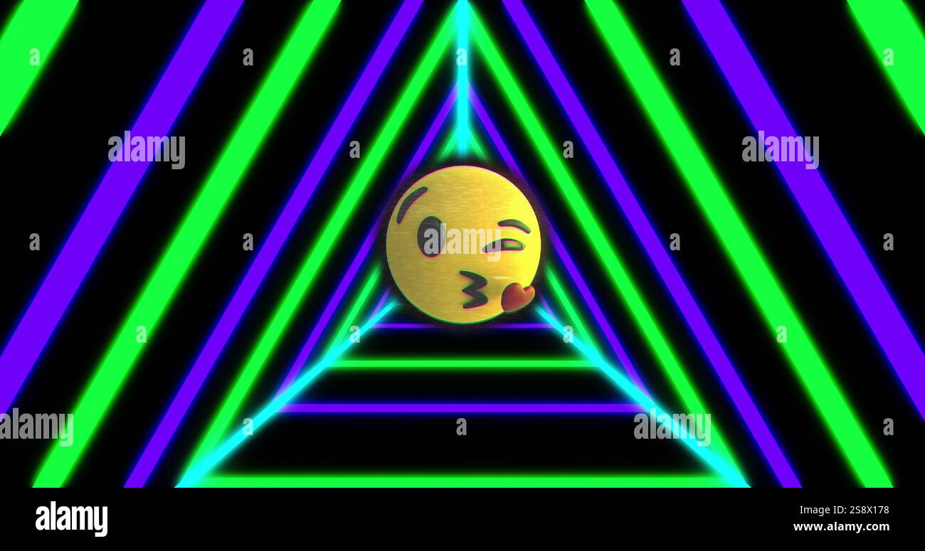 Winking emoji blowing kiss image over neon green and blue triangular ...