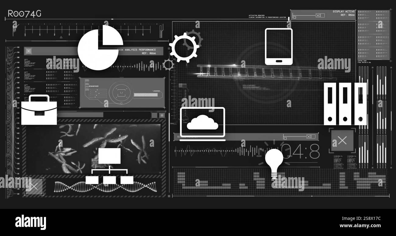Processing data with digital interface elements over technological background Stock Photo - Alamy
