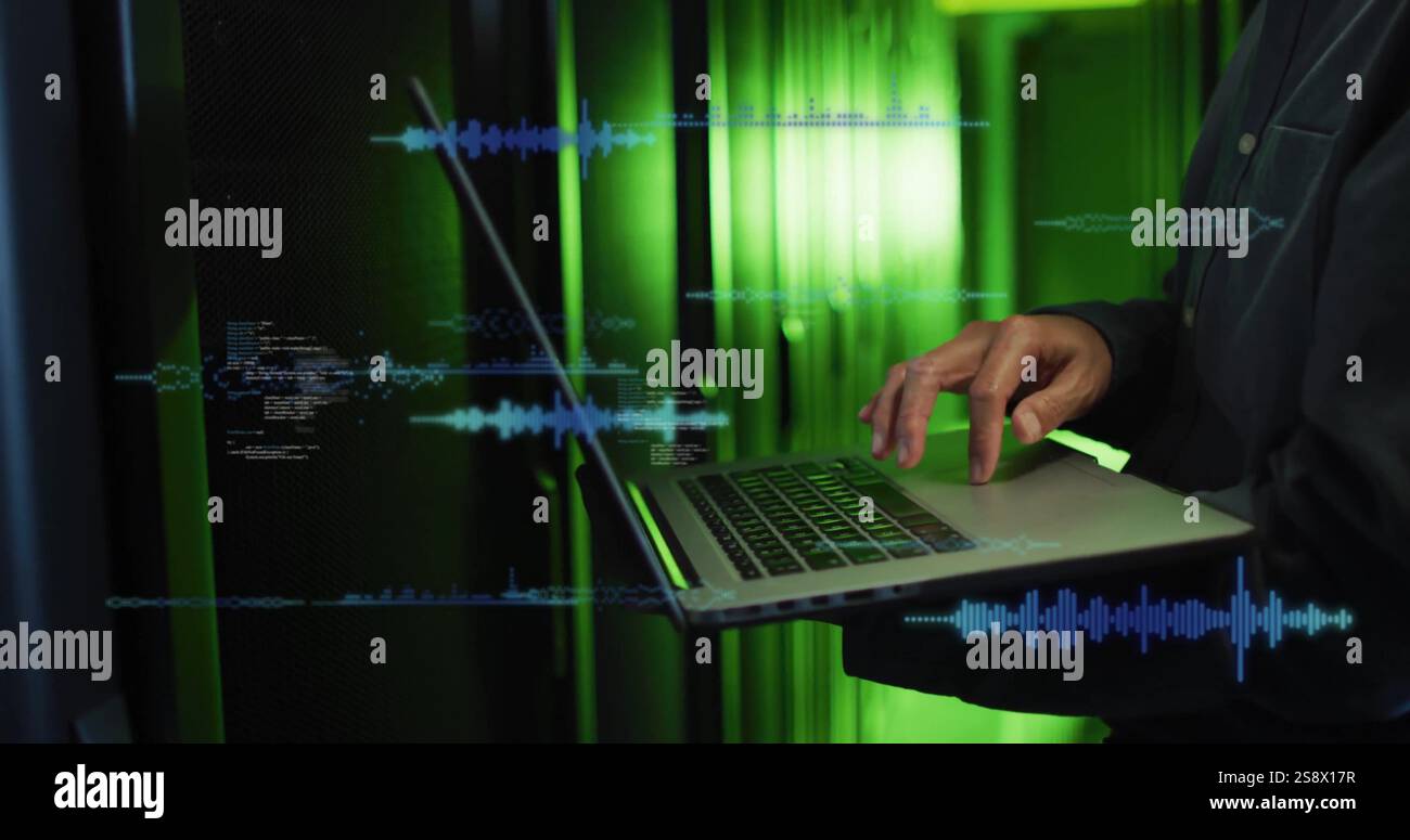 Typing on laptop, person with sound waveforms and data processing image ...