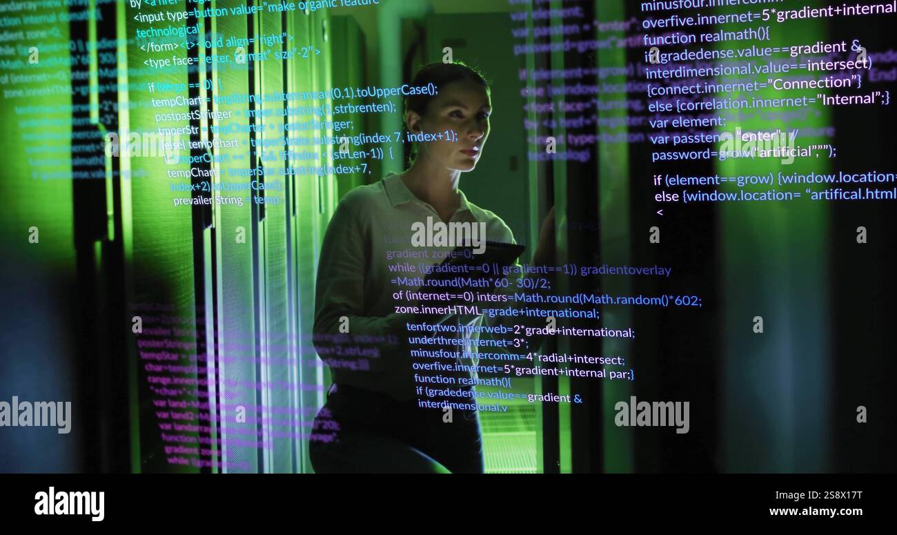 Programming code image over woman using smartphone in server room Stock ...