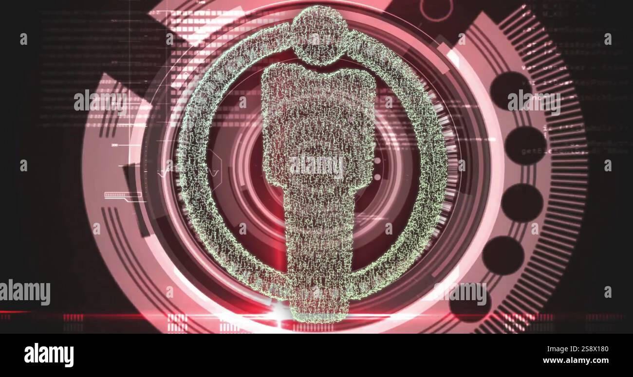 Digital human figure and data processing image over red technological ...