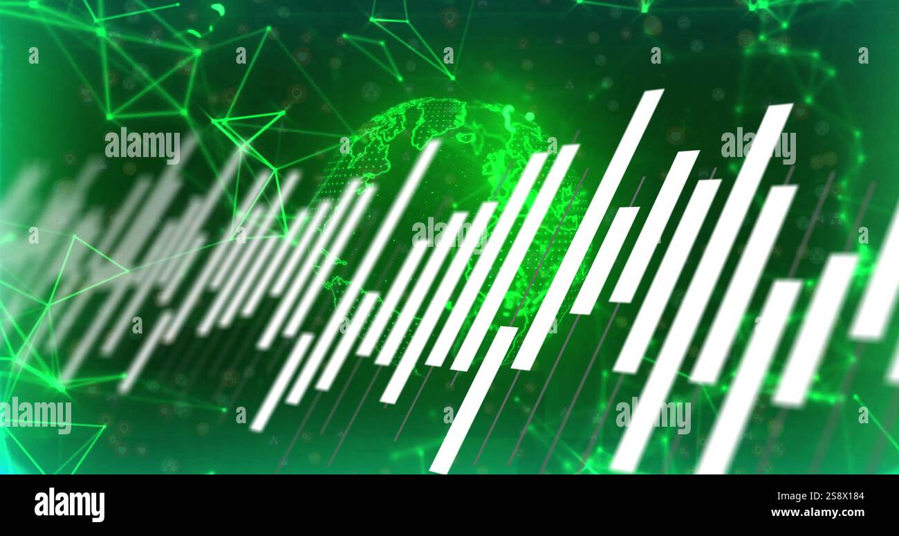 Green globe and bar graph data processing image over digital network connections. Technology ...