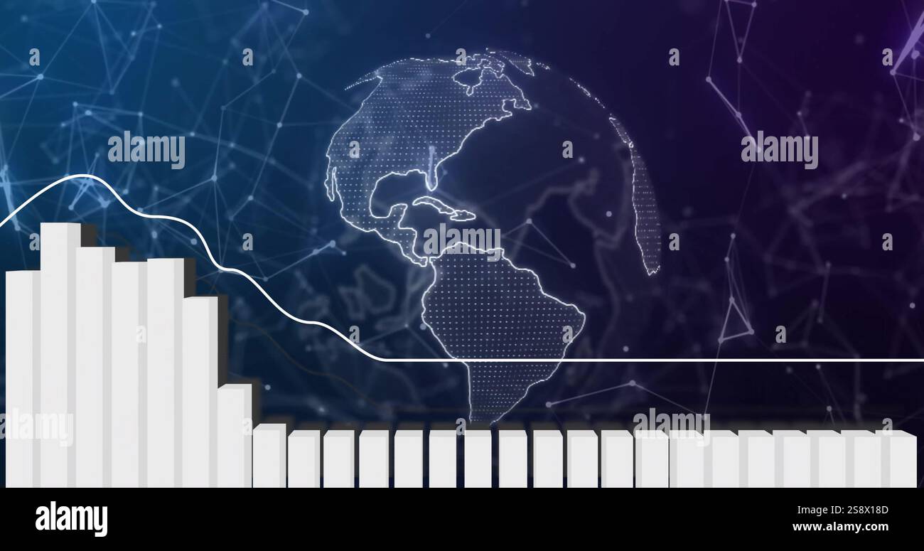 Bar chart and line graph image over digital globe and network ...