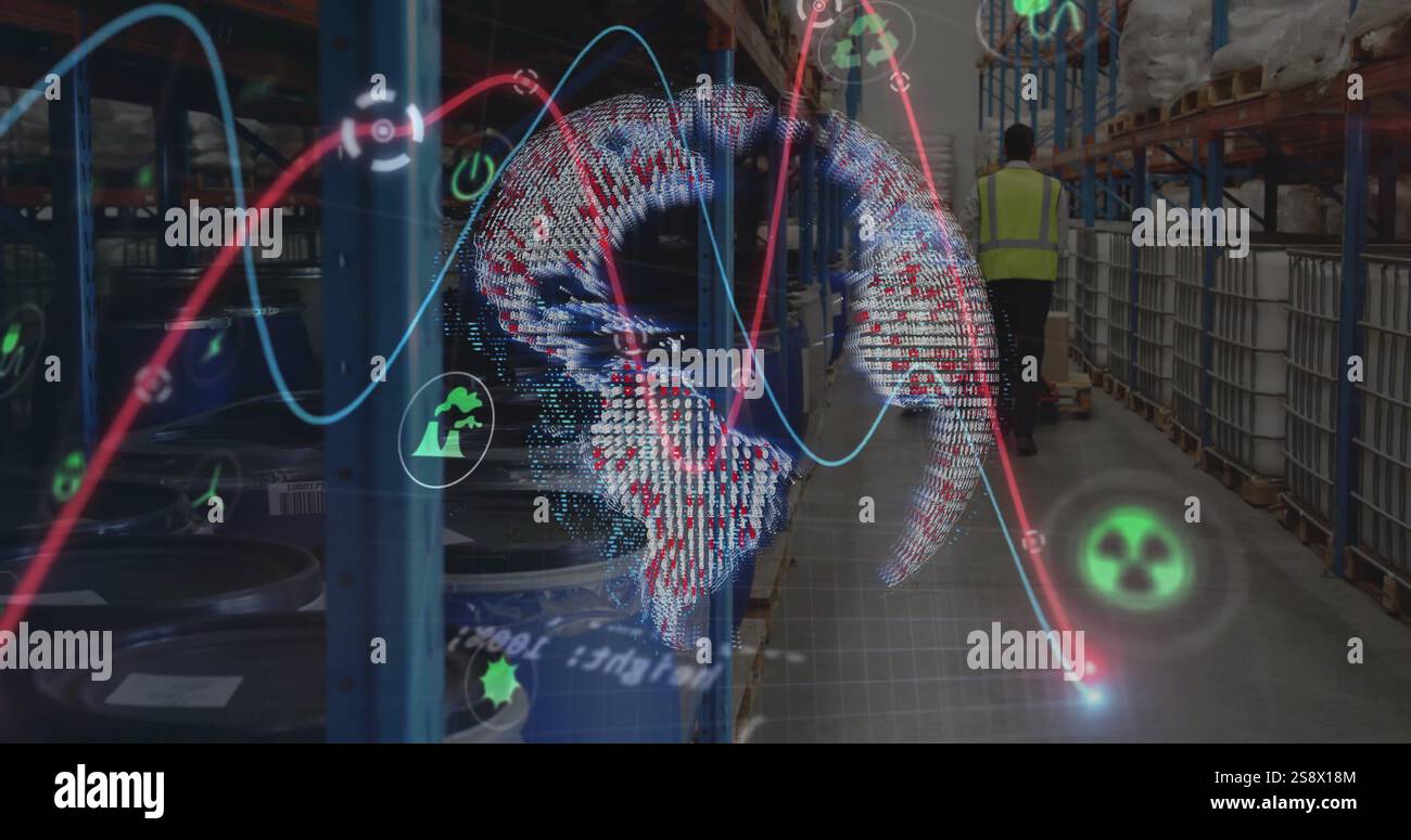 Image of graphs, processing data and pixel globe over goods warehouse ...