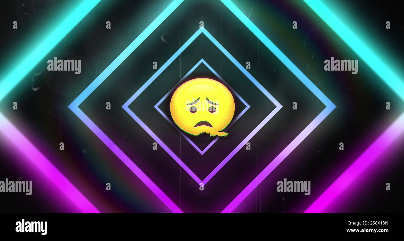 Sad emoji in center over neon geometric shapes image Stock Photo - Alamy