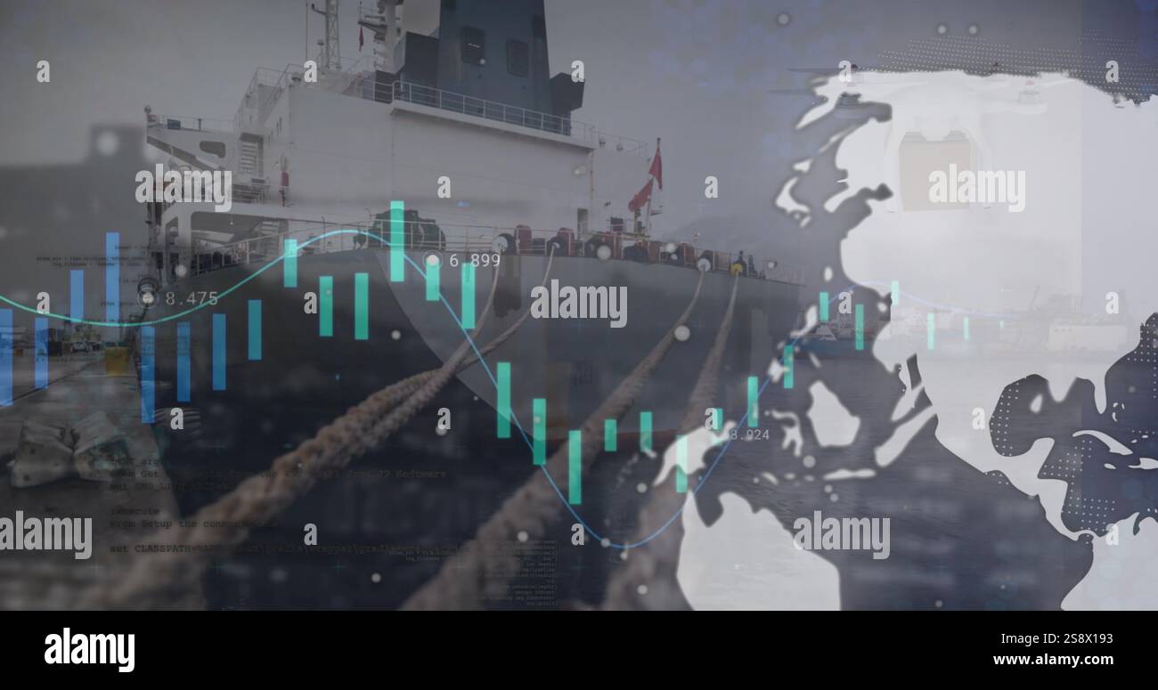 Image of graphs and processing data over globes and ship in harbour ...