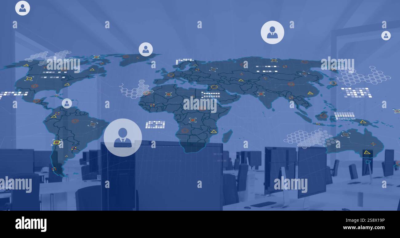 Image of icons and world map over desks in office Stock Photo - Alamy