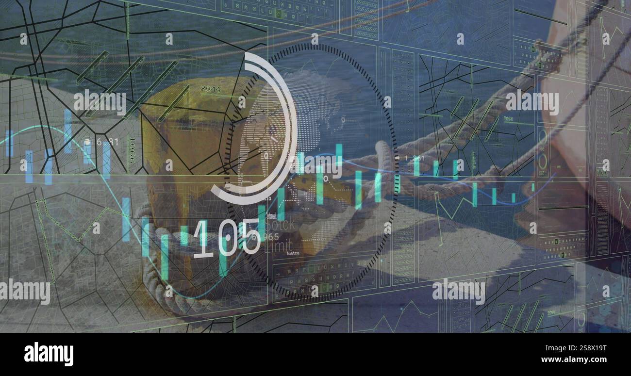 Image of graph and processing data over boat moored at harbour Stock ...