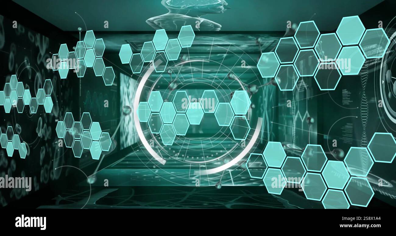 Image of hexagons and molecules over data processing with scope ...