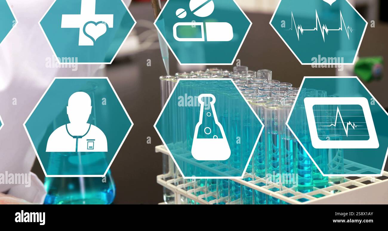 Image of data processing with icons over laboratory Stock Photo - Alamy