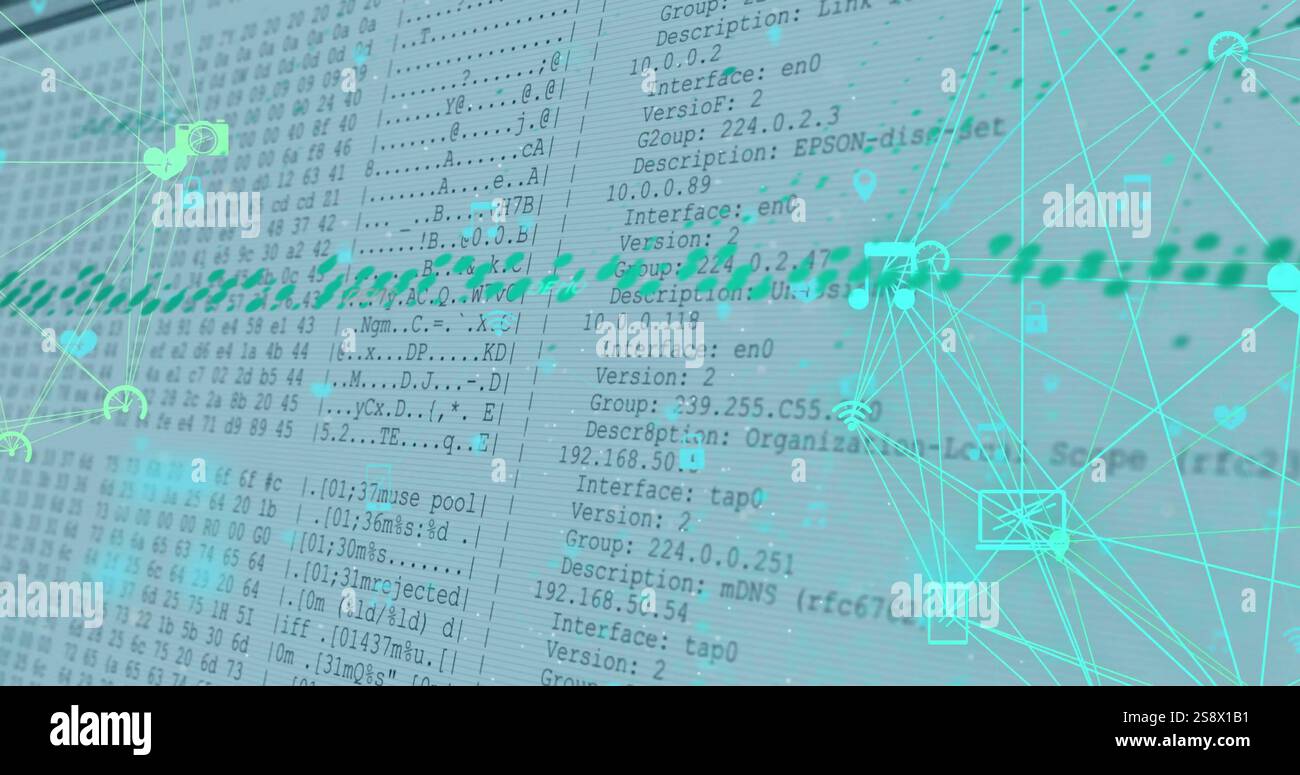 Image of network of connections with icons over data processing on ...