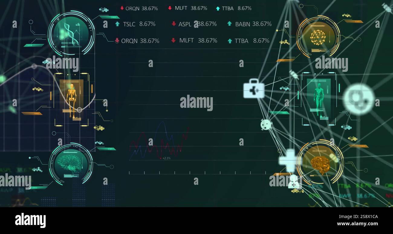 Image of network of connections with icons over data processing on ...