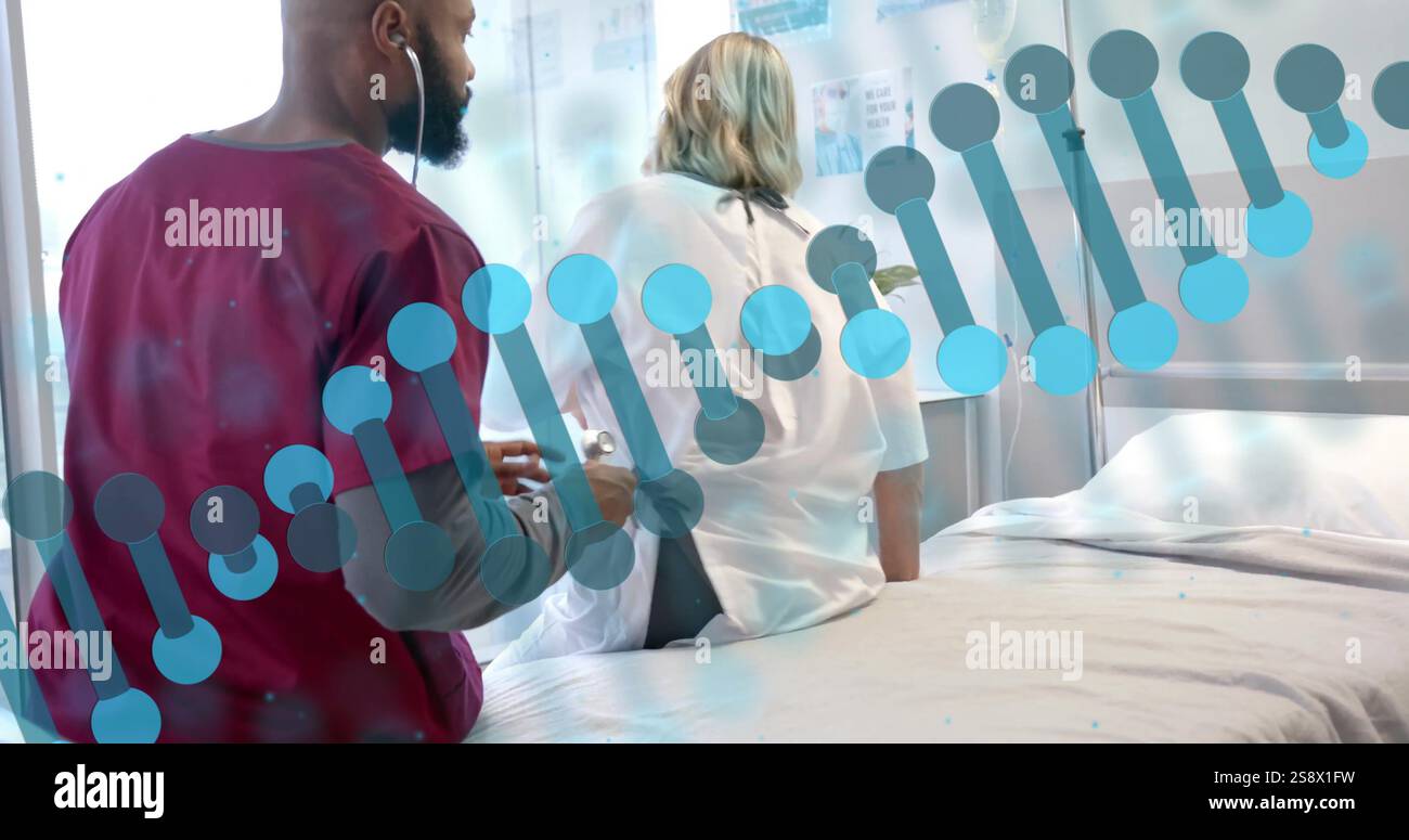 Image of dna over diverse male doctor using stethoscope on back of ...