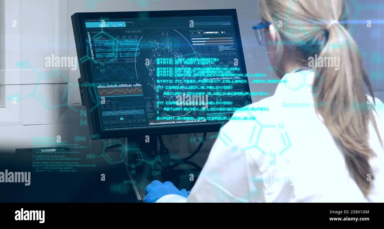 Image of chemical formula and data processing over caucasian female scientist in lab Stock Photo ...