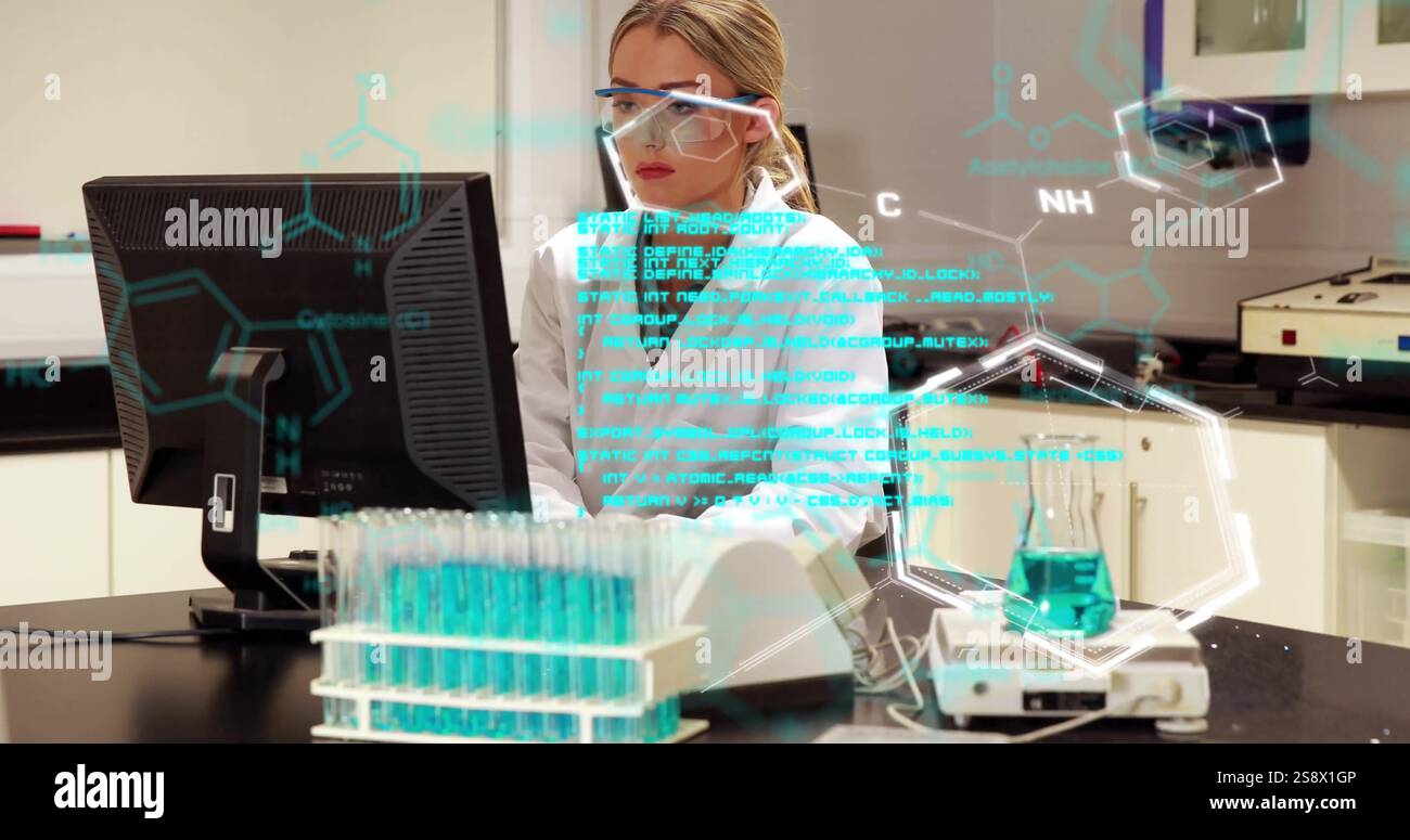Image of chemical formula and data processing over caucasian female scientist in lab Stock Photo ...