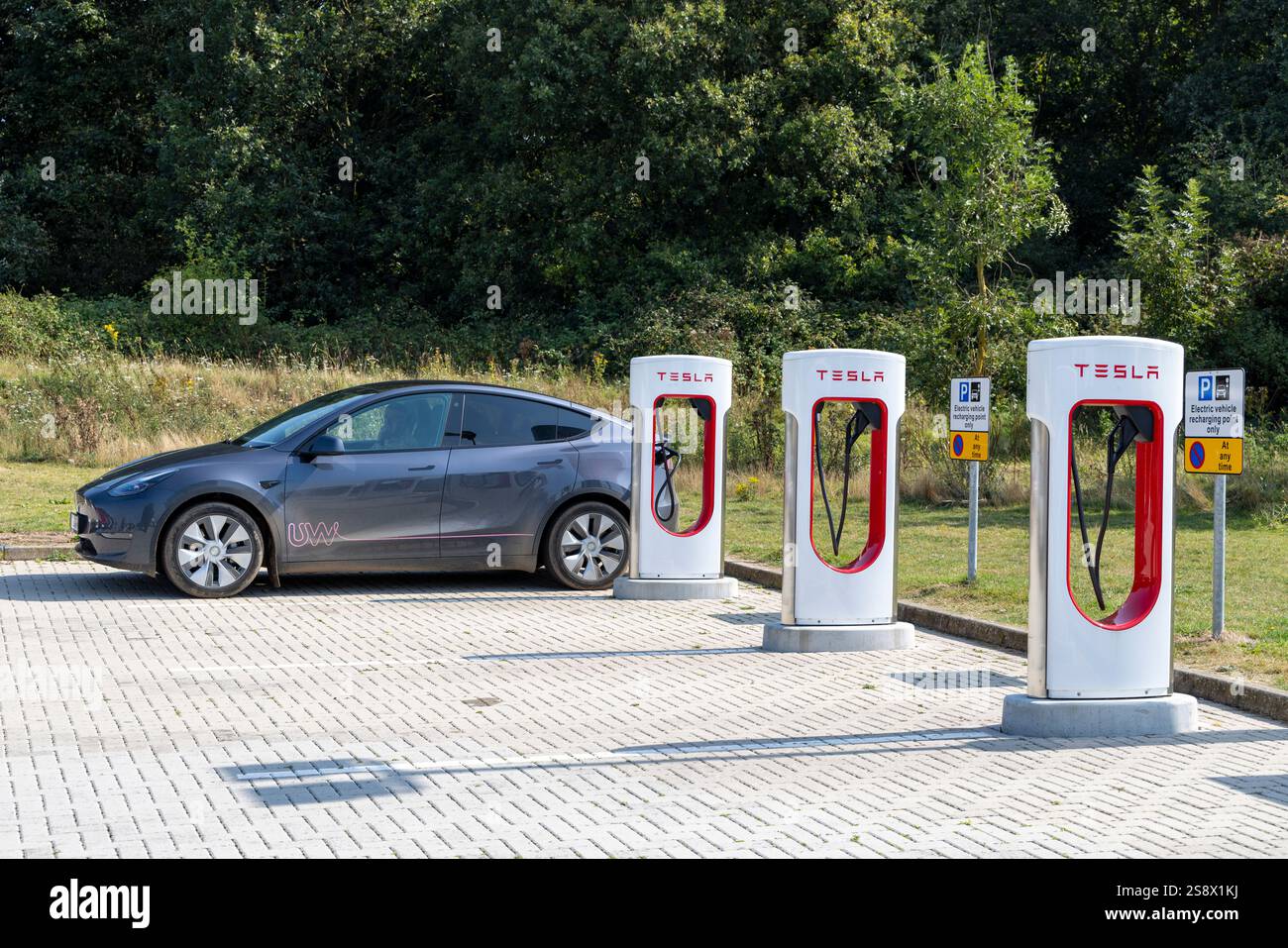 Tesla superchargers with Tesla Model Y being charged on an EV ...