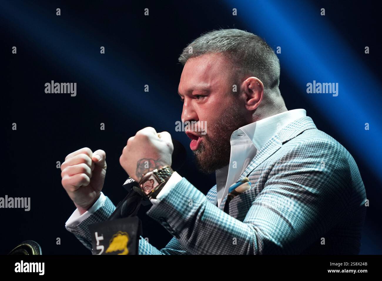 Conor McGregor speaks during a KnuckleMania V news conference, Thursday ...