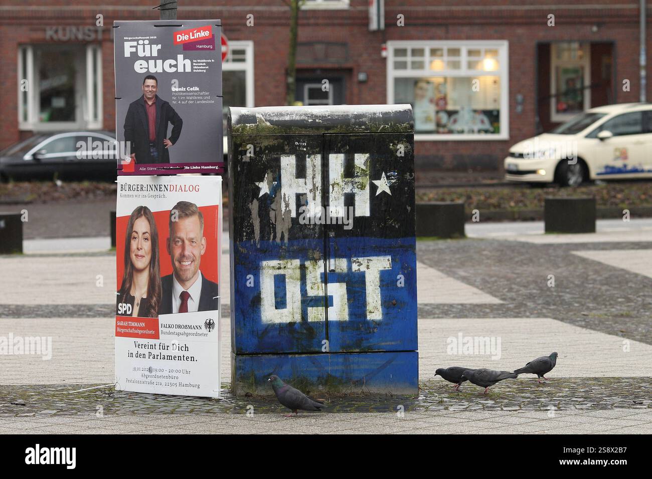 An einem Laternenpfahl wurden Wahlplakate der Partei die Linke Deniz ...