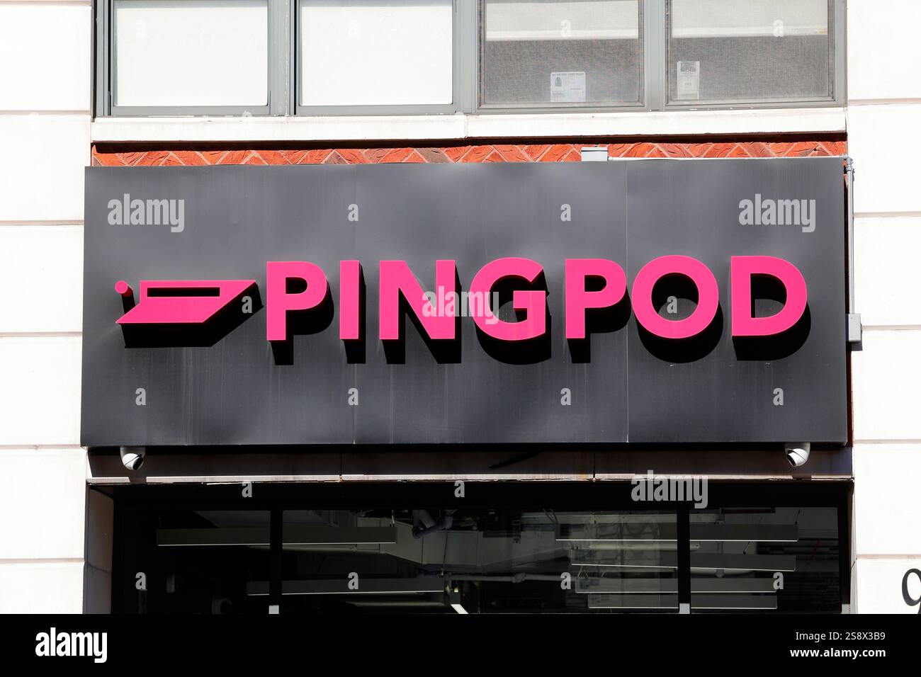 Signage for PingPod, a table tennis ping pong rental space Stock Photo ...