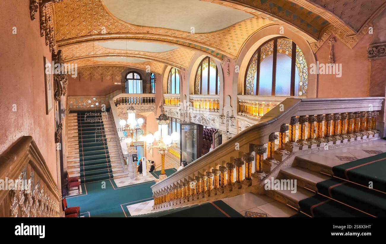 The grand staircase inside the Palace of Catalan Music in Barcelona ...