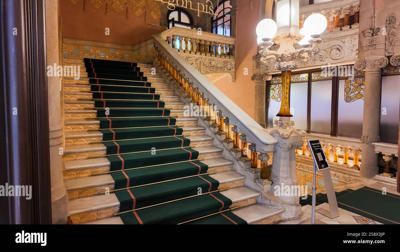 The grand staircase inside the Palace of Catalan Music in Barcelona ...