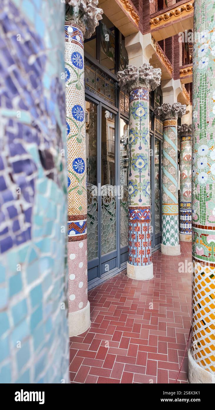 Ceramic tile columns inside the Palace of Catalan Music in Barcelona ...