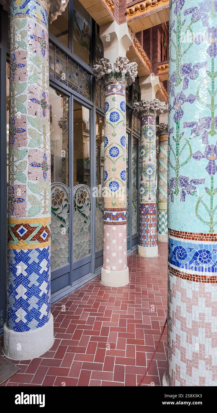 Ceramic tile columns inside the Palace of Catalan Music in Barcelona ...