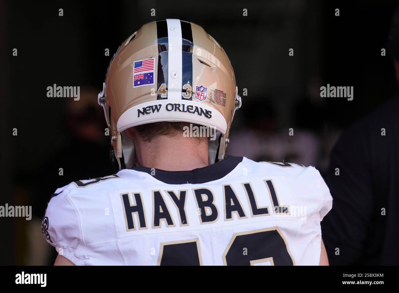New Orleans punter Matthew Waybill (43) wears an Australian flag on his ...