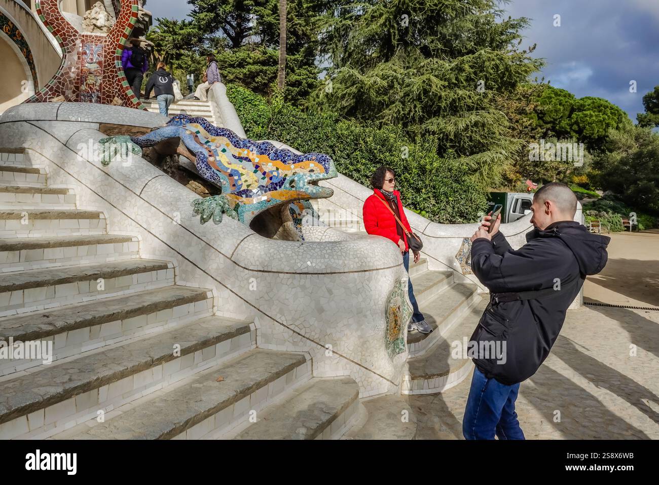 The Dragon Stairway in Park Güell, Barcelona, architected by Antoni ...