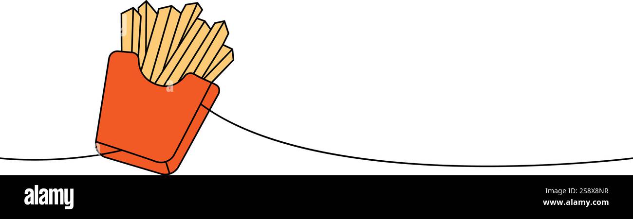 French fries one line colored continuous drawing. Traditional American ...