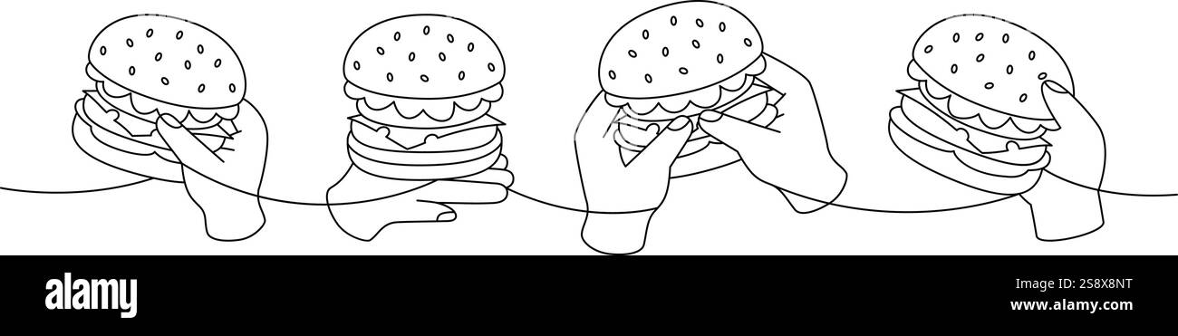 Hands holding a burgers one line continuous drawing. Traditional ...