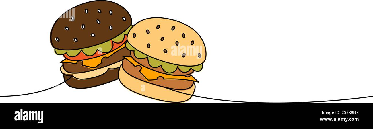 Two delicious homemade burgers one line colored continuous drawing ...