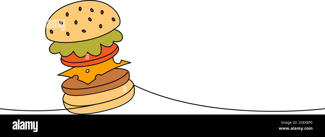 Burger with flying ingredients one line colored continuous drawing ...